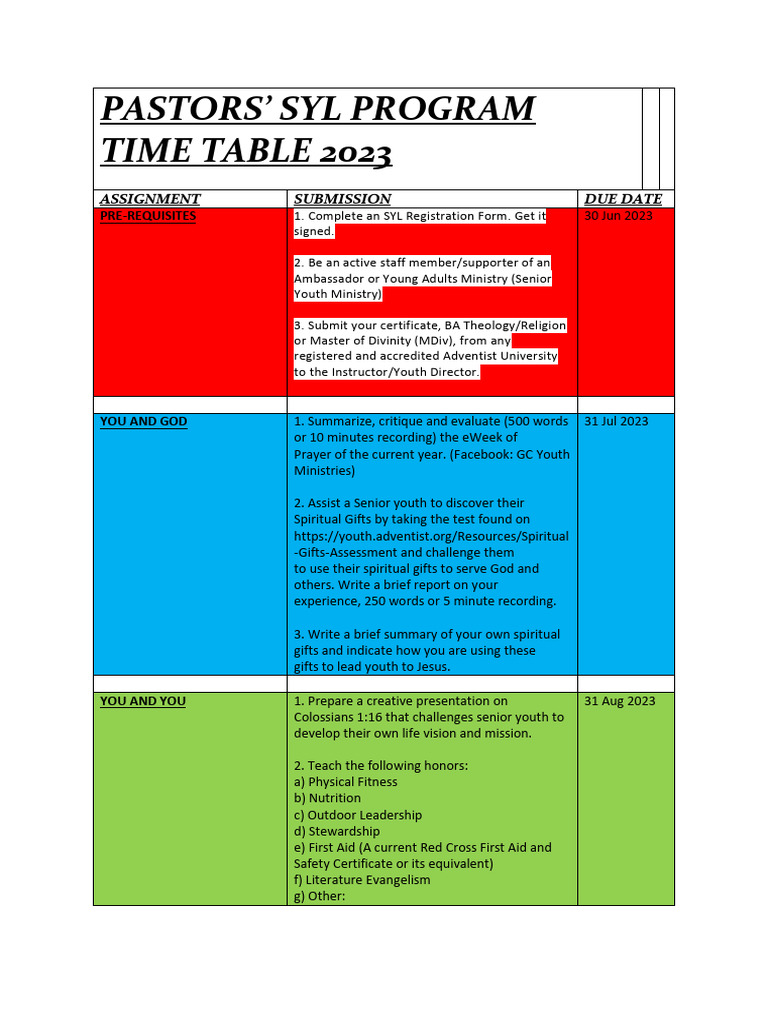 Syl Pastors' Program Timetable | PDF | Seventh Day Adventist Church