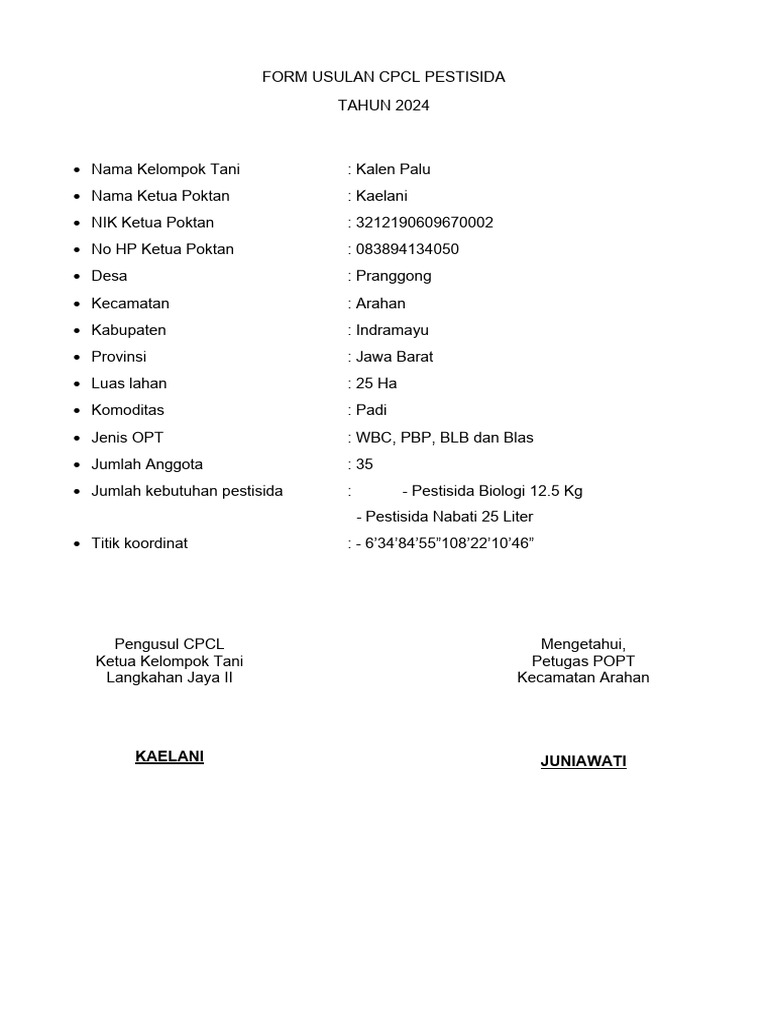 Form Usulan CPCL Pestisida Pranggong | PDF