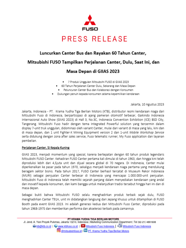 FUSO Press Release - Mitsubishi Fuso Luncurkan Canter Bus Dan Rayakan 60 Tahun Canter Di GIIAS ...