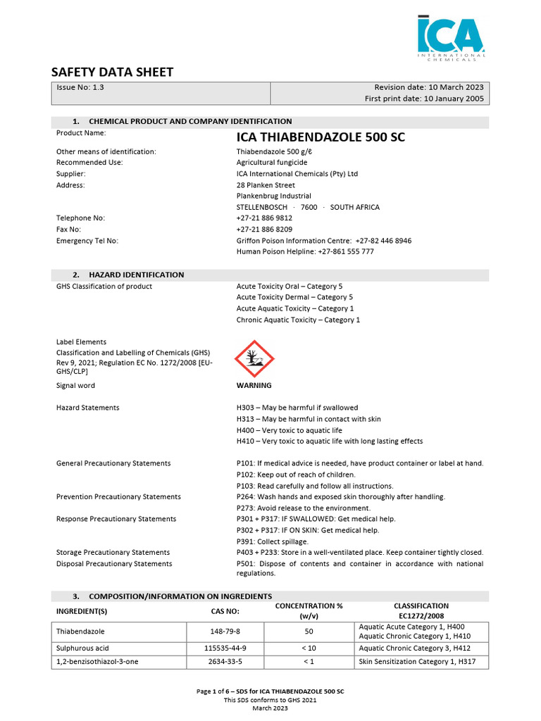 MSDS Thiabendazole 500 SC | PDF | Dangerous Goods | Occupational Safety ...