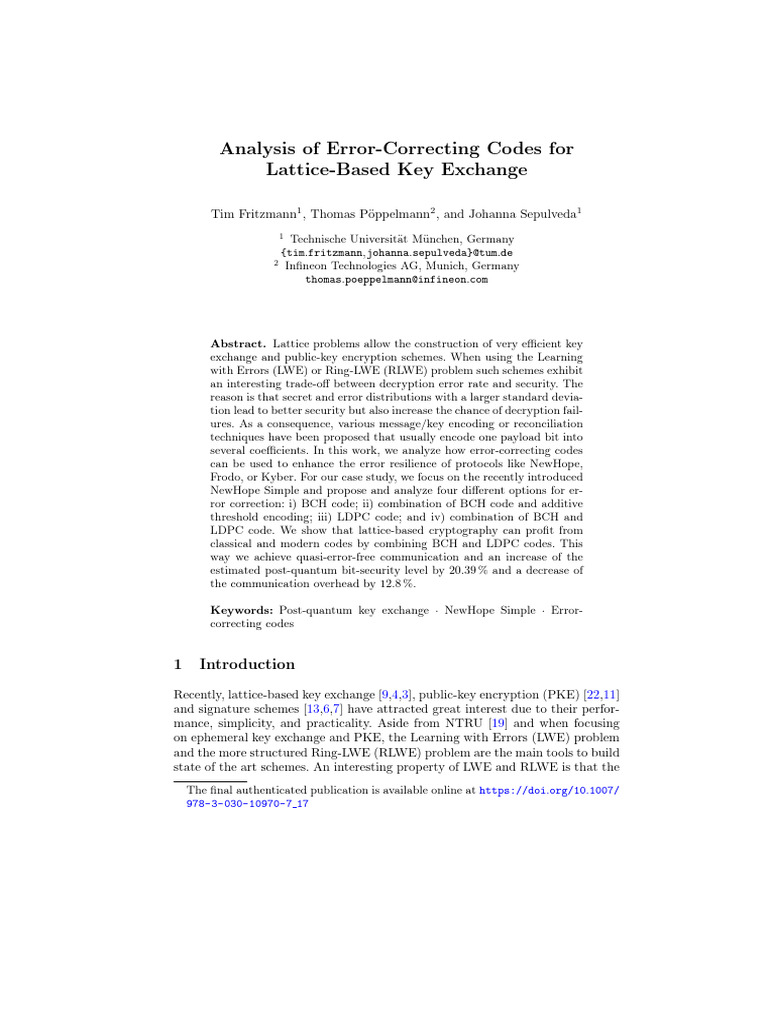 Analysis of Error-Correcting Codes For Lattice-Based Key Exchange | PDF | Error Detection And ...