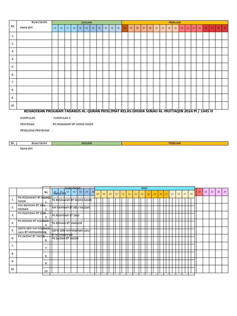 Jadual Kehadiran Tadarus | PDF