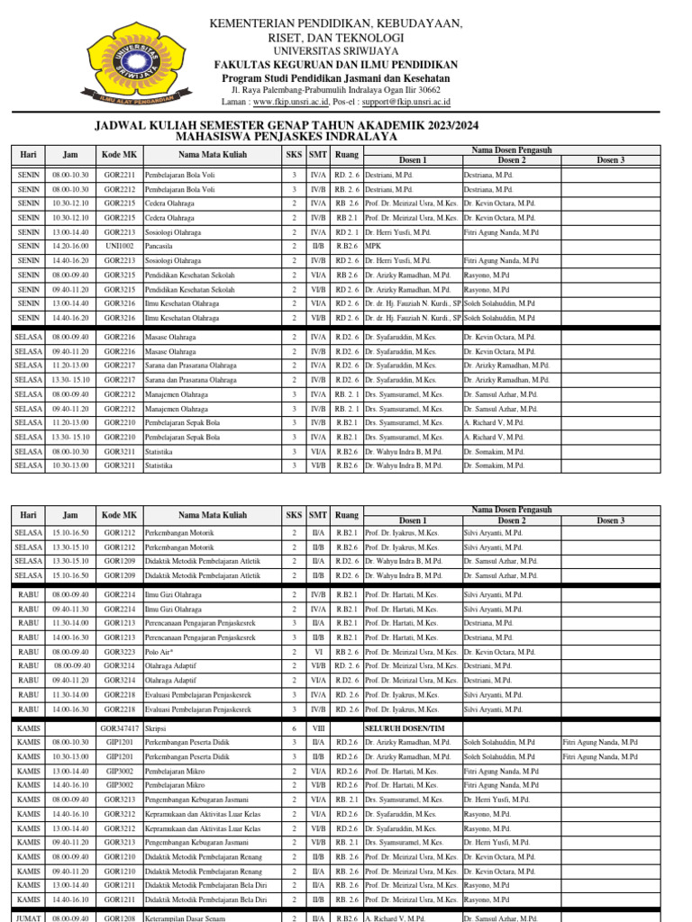Jadwal Genap 2023 2024 Indralaya | PDF