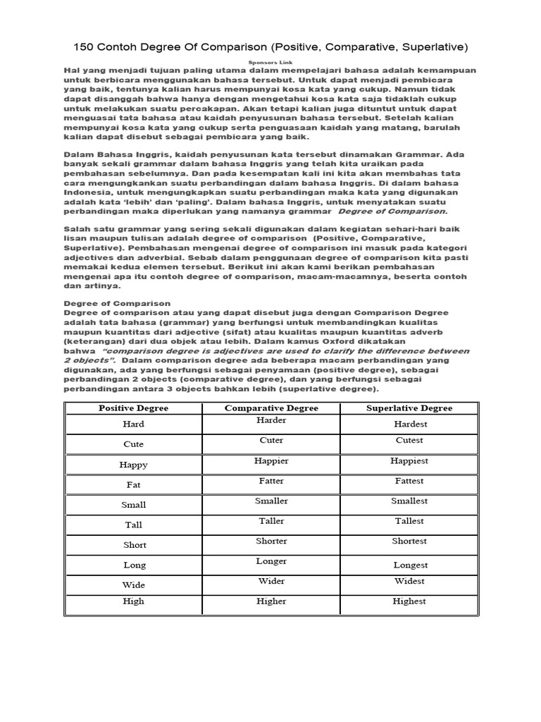 150 Contoh Degree of Comparison | PDF | Seni & Disiplin Bahasa