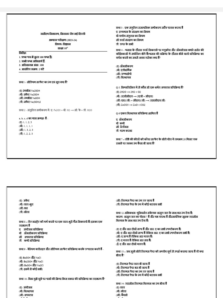 CLASS 10 PRACTICE TEST Hindi Medium | PDF