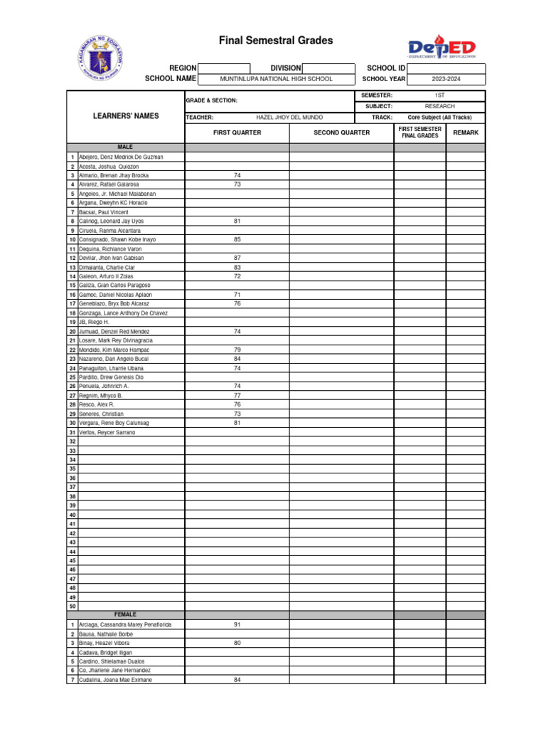 SHS E Class Record 2016 (GAS 1212) | PDF