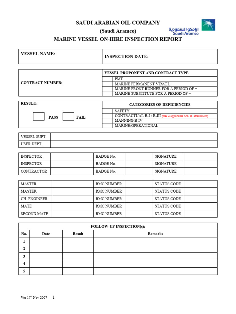 SA Marine Vesselss On-Hire Inspection Report - Form 2017 | PDF