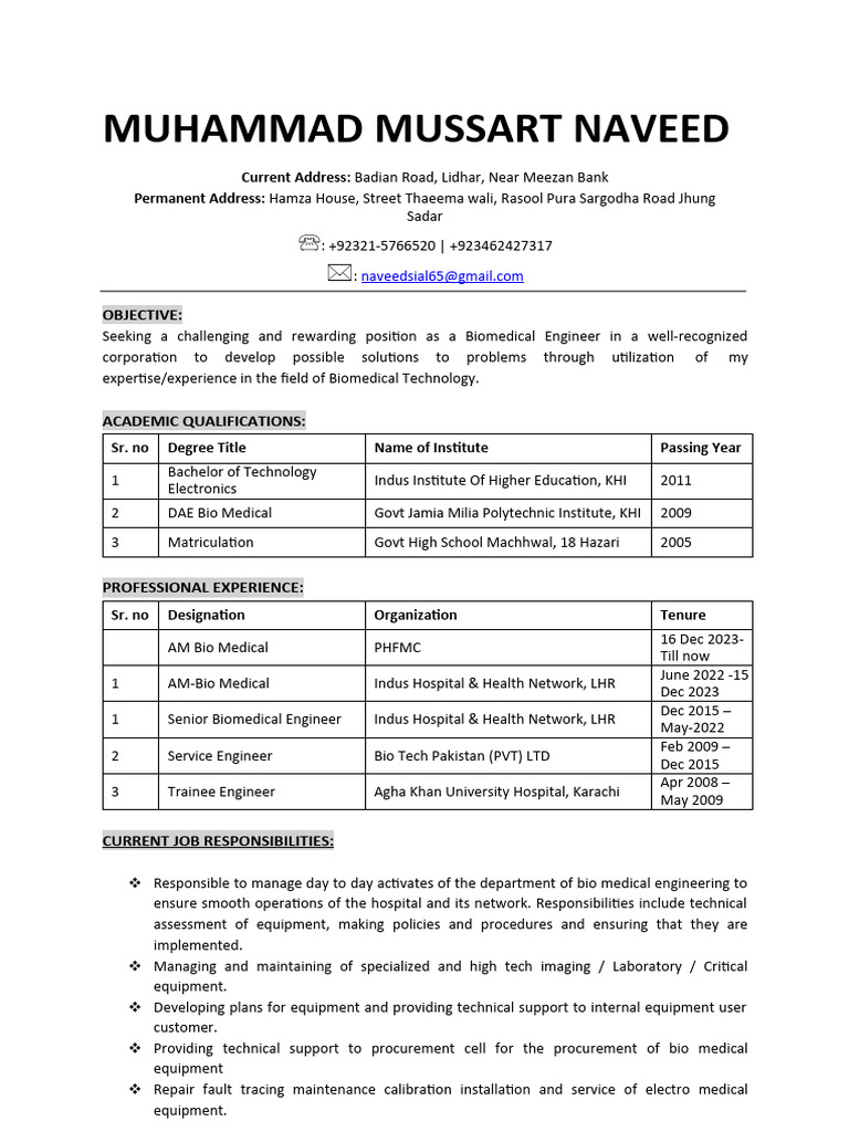 Muhammad Mussart Naveed CV | PDF | Biomedical Engineering | Monitoring (Medicine)