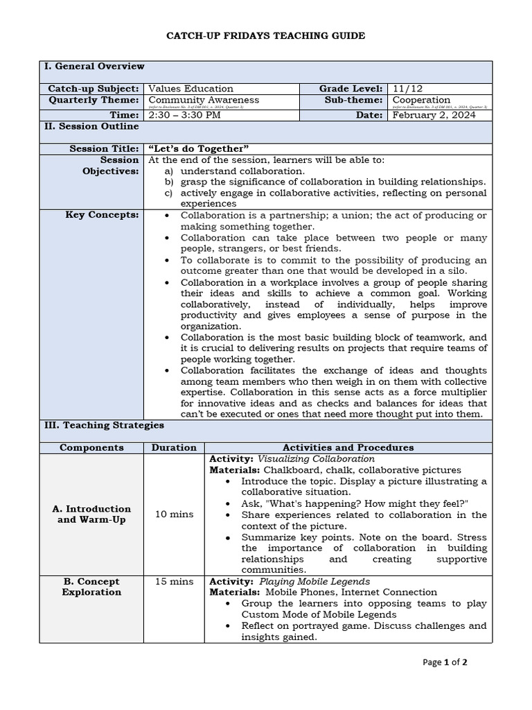 Feb 2 TG Values SHS | PDF | Collaboration | Learning