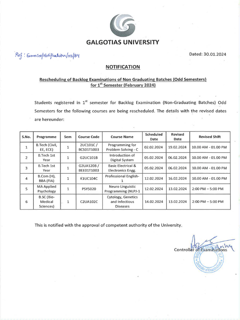 Rescheduling of Backlog Examinations of Non Graduating Batches (Odd Semesters) For 1st Semester ...
