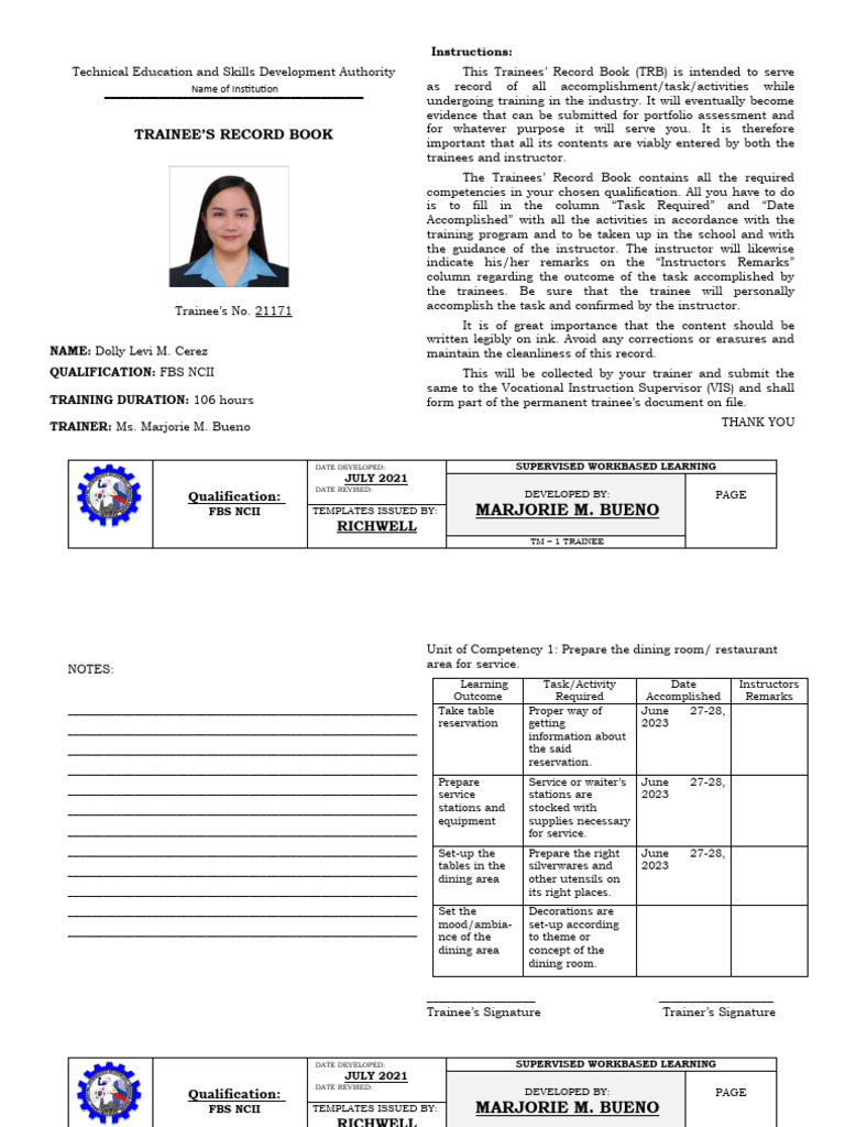Trainees Record Book Template | PDF | Tableware | Restaurants