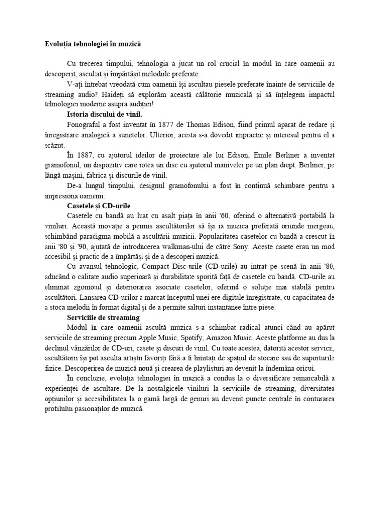 Evoluția Tehnologiei În Muzică | PDF