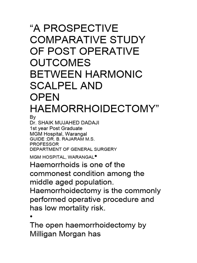 Outcomes of Harmonic vs Open Hemorrhoidectomy | PDF