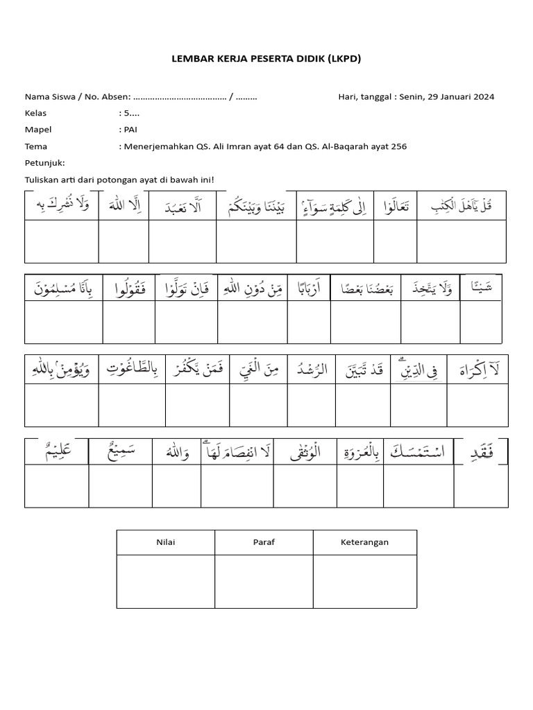 LKPD Mengartikan Potongan QS Ali Imran 64 | PDF