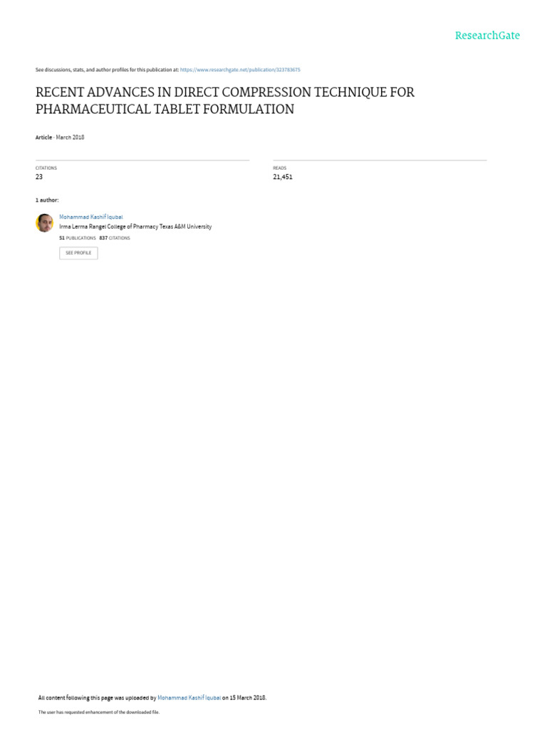 Recent Advances in Direct Compression Technique For Pharmaceutical ...