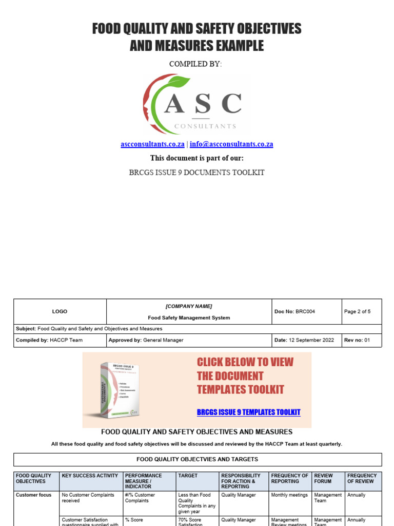 Food Quality and Safety Objectives Guide | PDF | Hazard Analysis And ...
