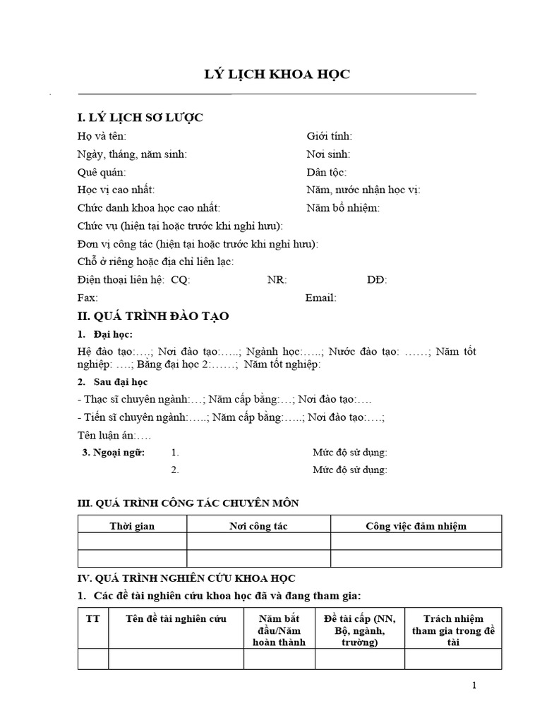 Form - Ly Lich Khoa Hoc | PDF