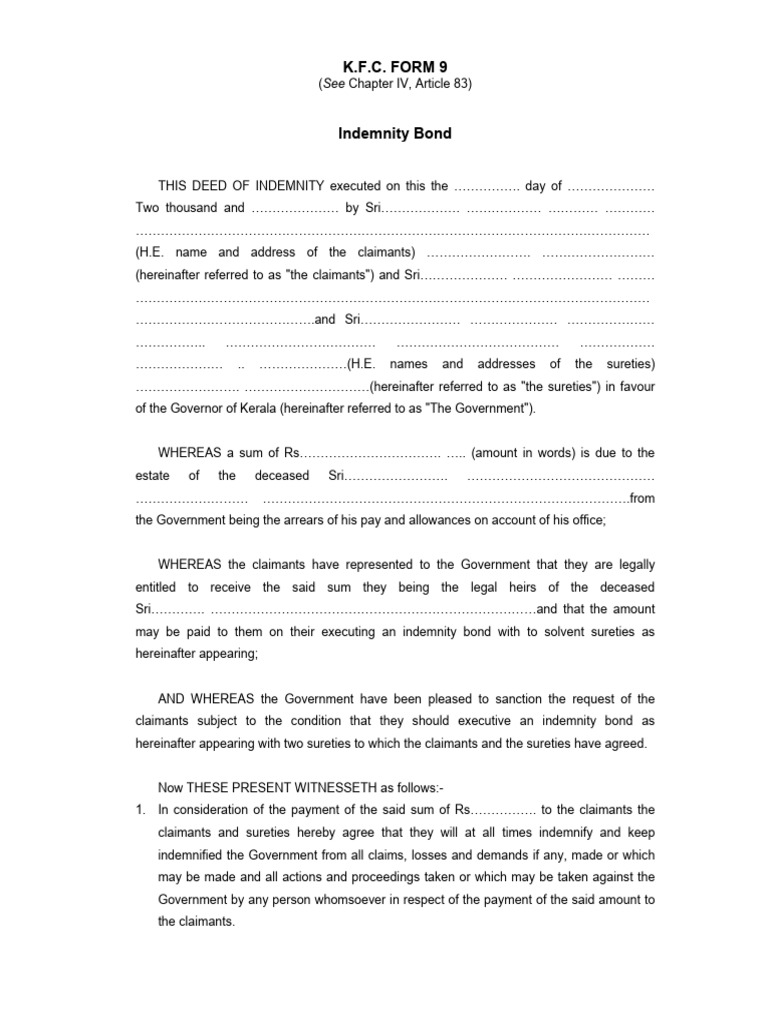 KFC Form 9 Indemnity Bond Template | PDF | Finance & Money Management ...
