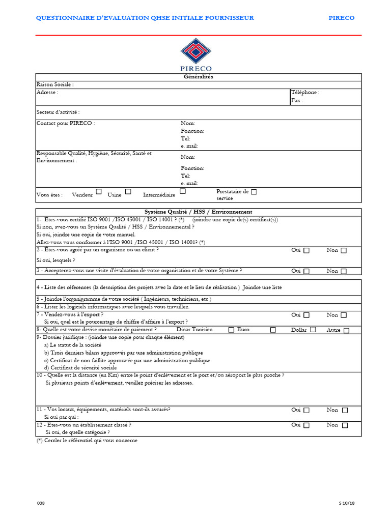 038 Questionnaire D'evaluation Qhse Initiale Fournisseur | PDF | Sécurité