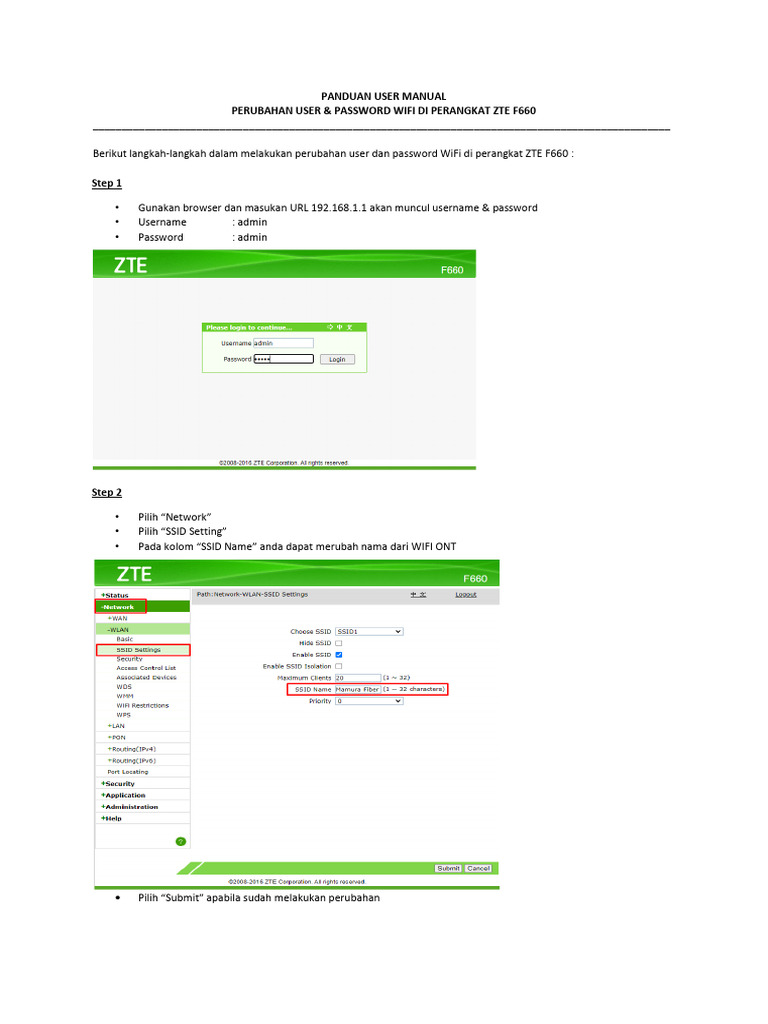 Panduan Setting SSID Dan Password ONT ZTE F660 | PDF