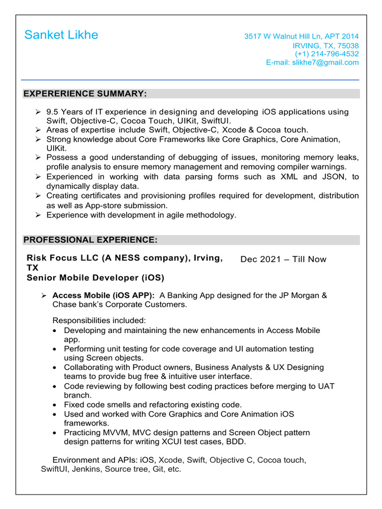 Sanket Likhe CV | PDF | Mobile App | Swift (Programming Language) Sanket Likhe CV | PDF | Mobile App | Swift (Programming Language)