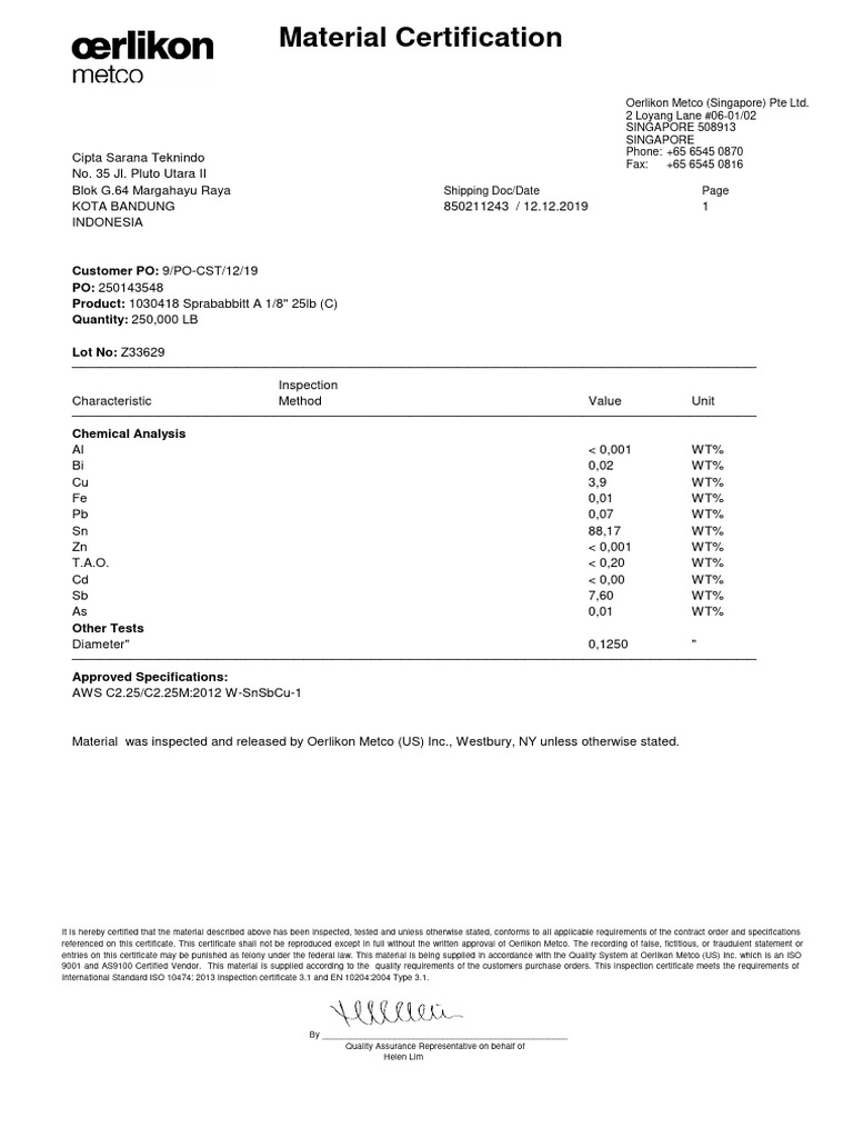 Certificate Metco | PDF