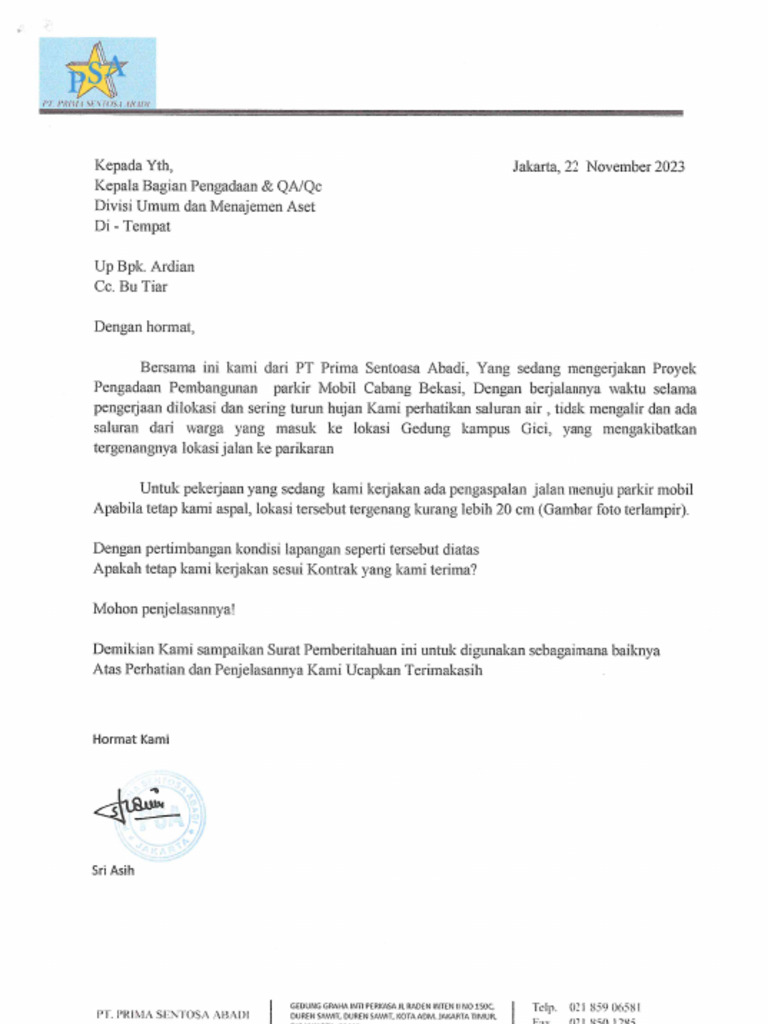Surat Dari PT Prima Sentosa Abadi | PDF