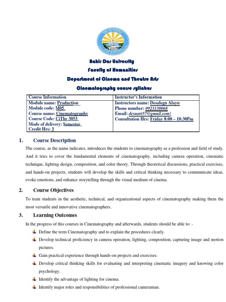 Cinematography Course Syllabus | PDF
