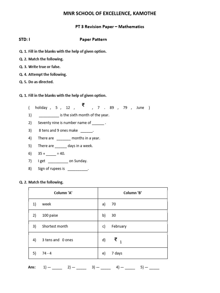 Grade 1 Math Revision Paper | PDF | Mathematics