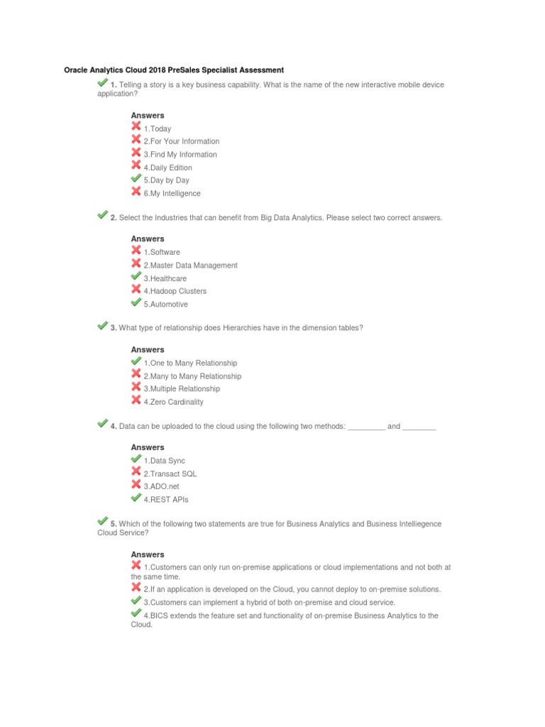 Oracle Analytics Cloud 2018 Presales Specialist Assessment Pdf Cloud Computing Analytics