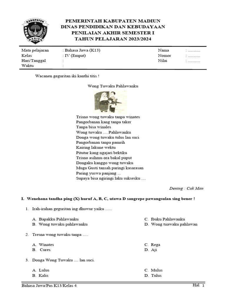 Soal Bahasa Jawa Klas 4 | PDF