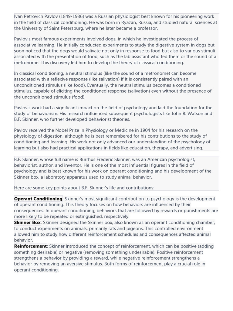 Pavlov & Skinner | PDF | Reinforcement | Classical Conditioning