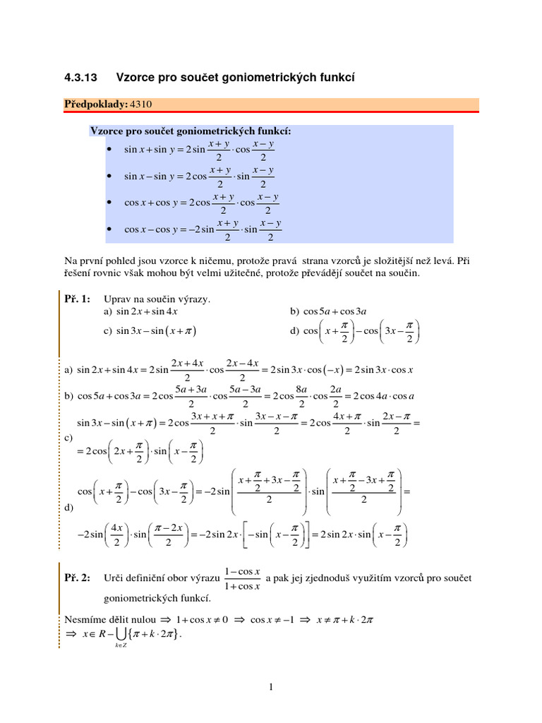 13 Vzorce Pro Součet Goniometrických Funkcí | PDF