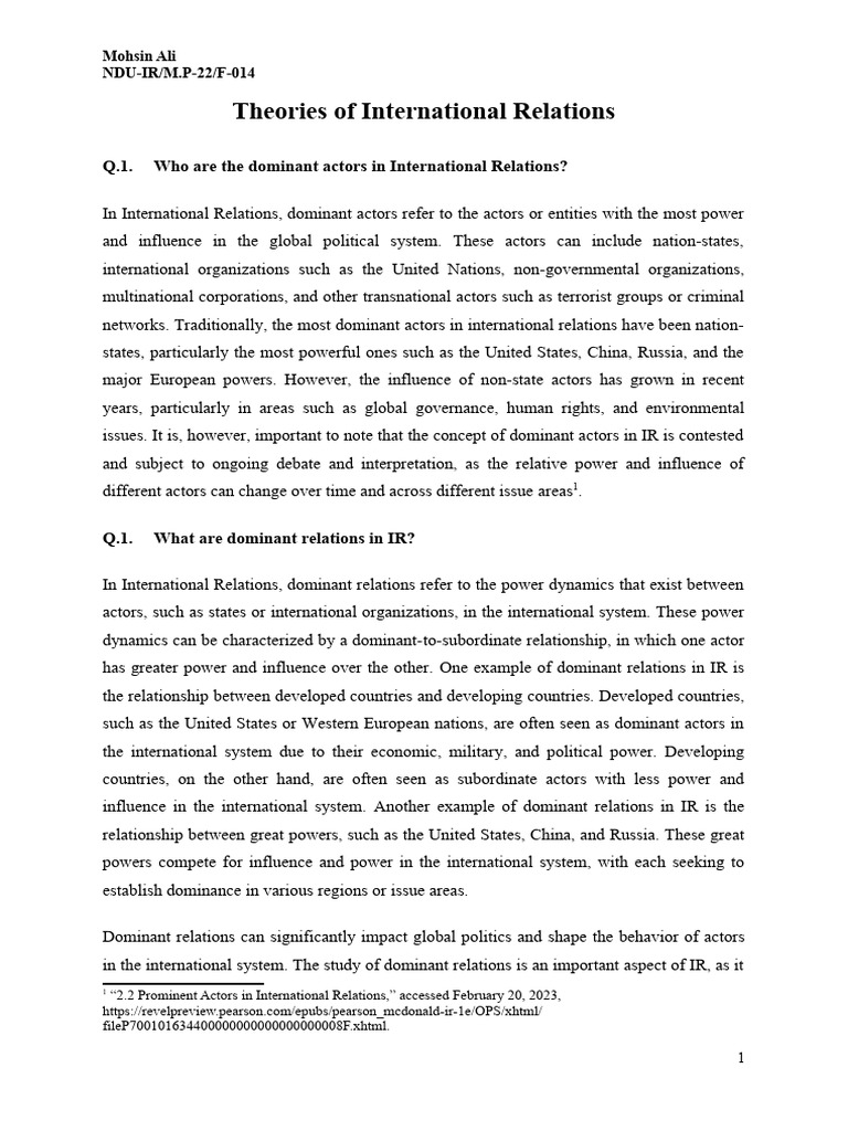 Theories of International Relations by Mohsin Ali | PDF