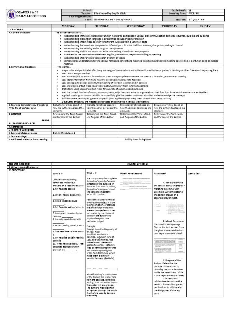 Grade 6 English Lesson Plan | PDF