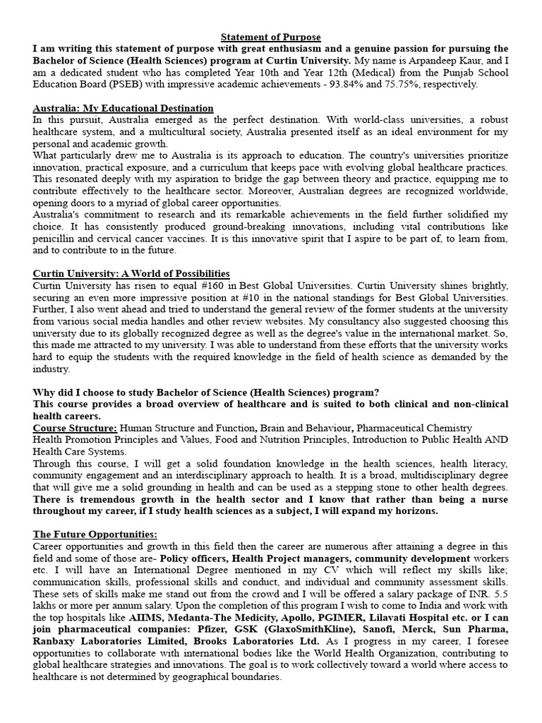Arpandeep Kaur Statement of Purpose Curtin Uni | Download Free PDF ...