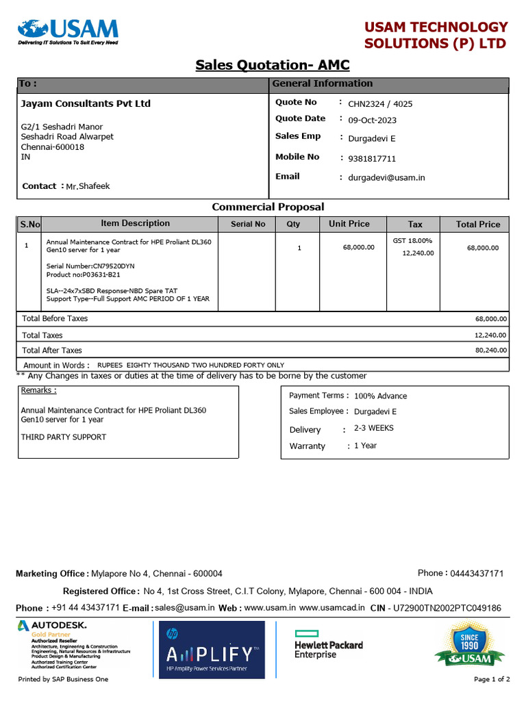 Amc Quotation For HP DL360 Server For 1 Year-Jayam Consultant - Third ...