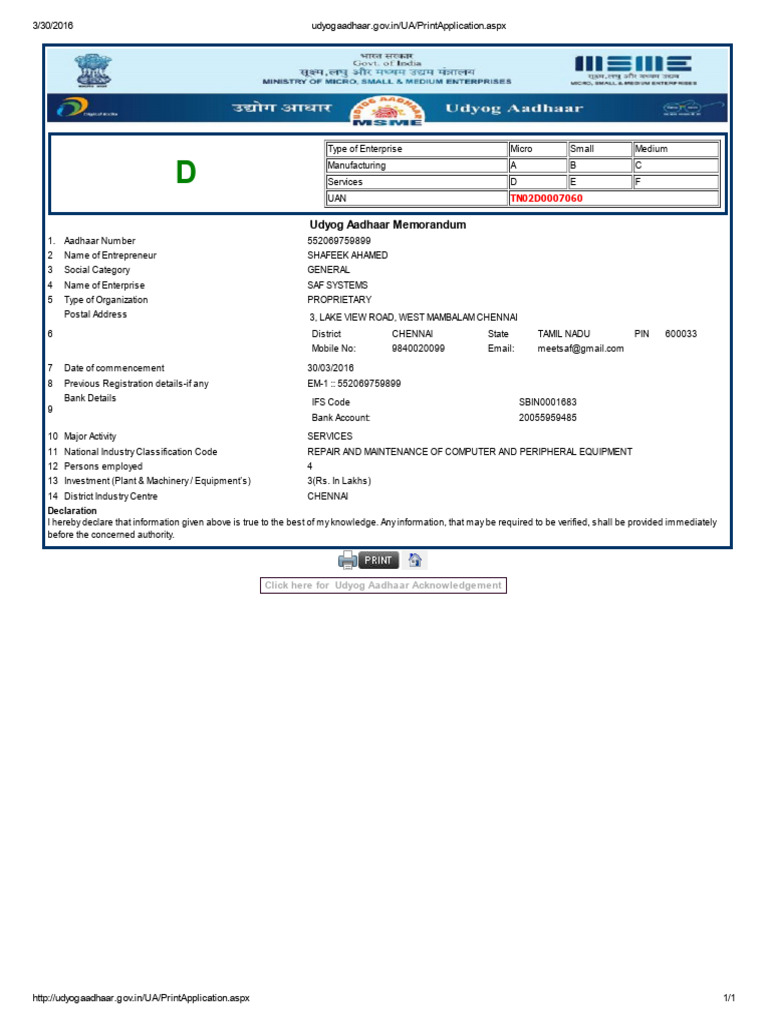 Udyog Aadhaar Memorandum | PDF