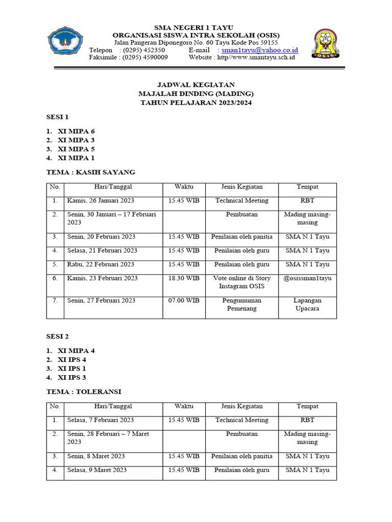 Jadwal Kegiatan Mading 2023'2024 | PDF