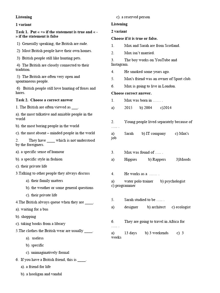 Listening 1 Variant Task 1. Put + If The Statement Is True and - If The ...