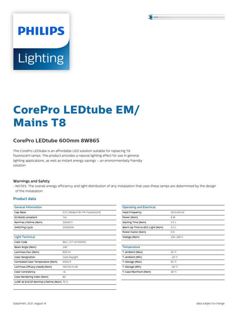 Philips CorePro LEDtube 600mm 8W865 | PDF | Lighting | Fluorescent Lamp