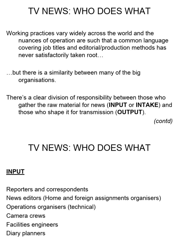 Television News - Who Does What Notes | PDF | News | News Broadcasting