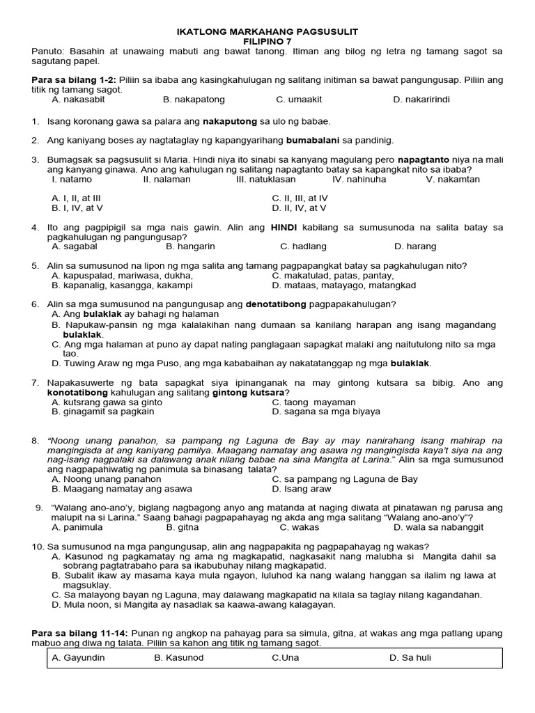 CalSciHS-IKATLONG MARKAHANG PAGSUSULIT SA FILIPINO - MANALOTO | PDF