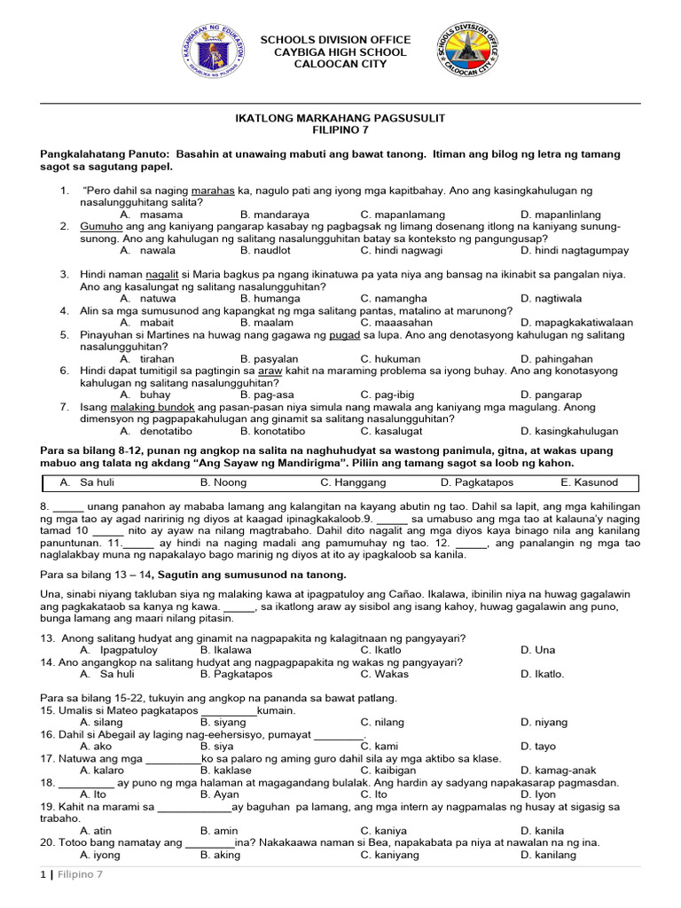 Filipino 7 Q3 Periodic Test - CHS | PDF