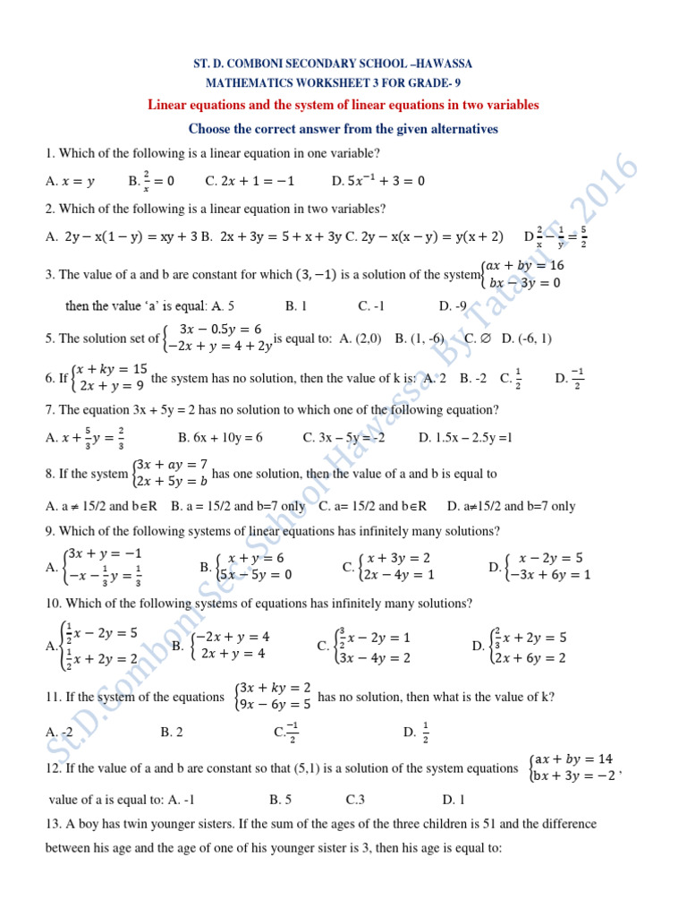 Maths Worksheet 3 For Grade 9 | PDF