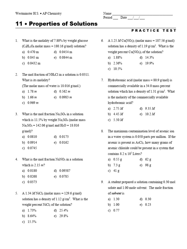AP Chemistry: Properties of Solutions Test | PDF | Physical Chemistry ...