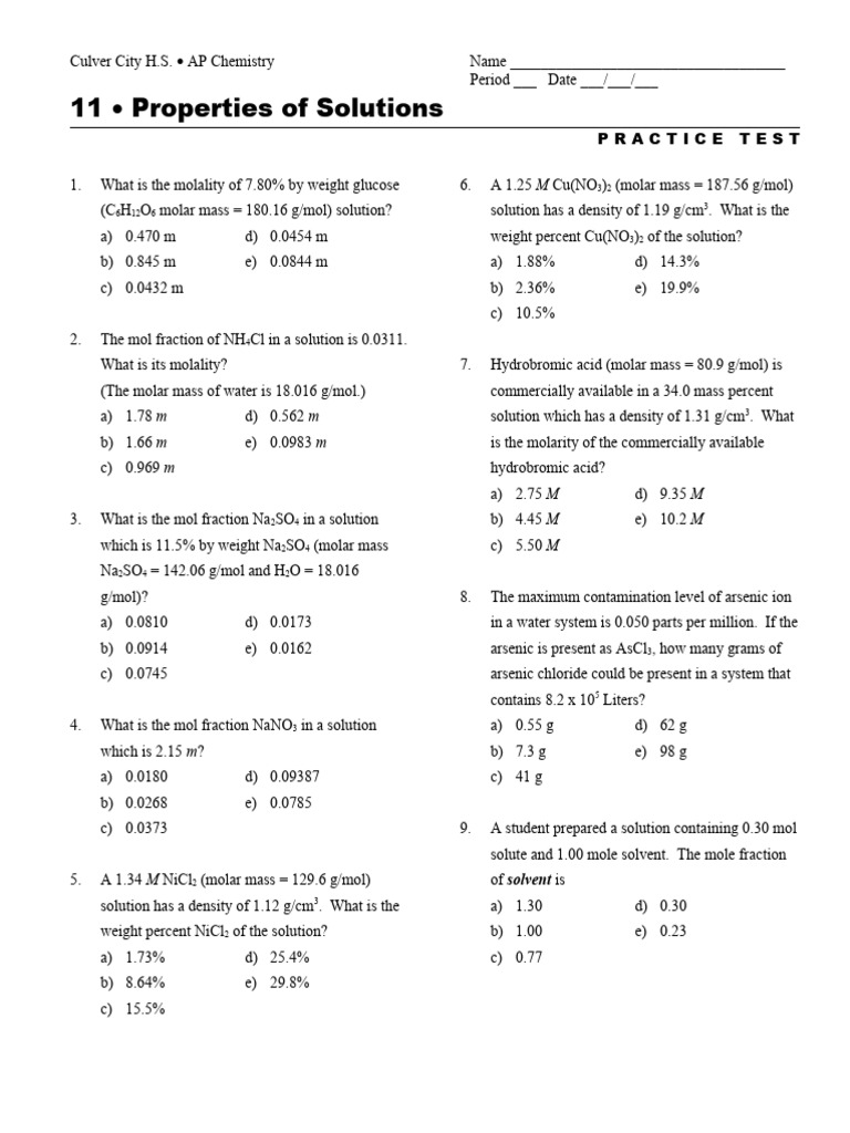 AP Chemistry Solutions Practice Test | PDF | Science & Mathematics ...