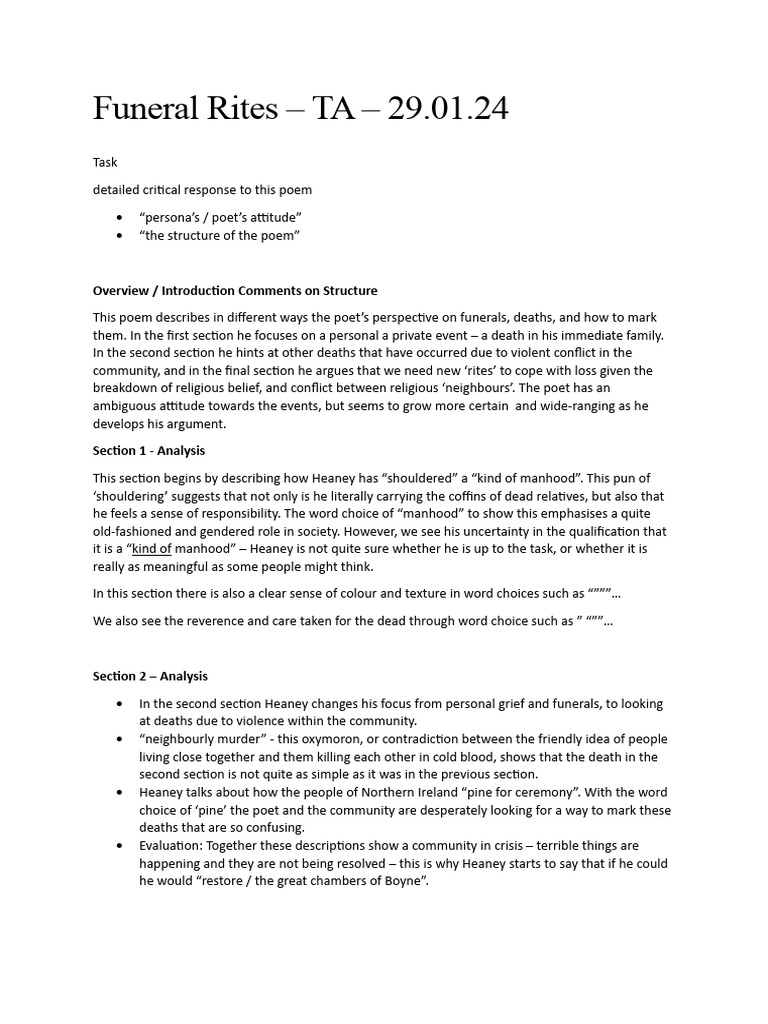 Heaney - North - 02 - Funeral Rites Textual Analysis | PDF | Funeral
