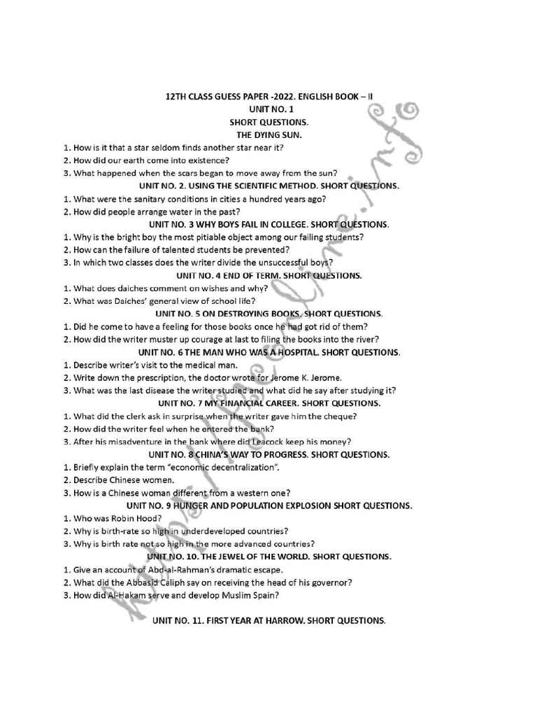 English Guess Papers 2023 For 2nd Year by FScOnline | PDF