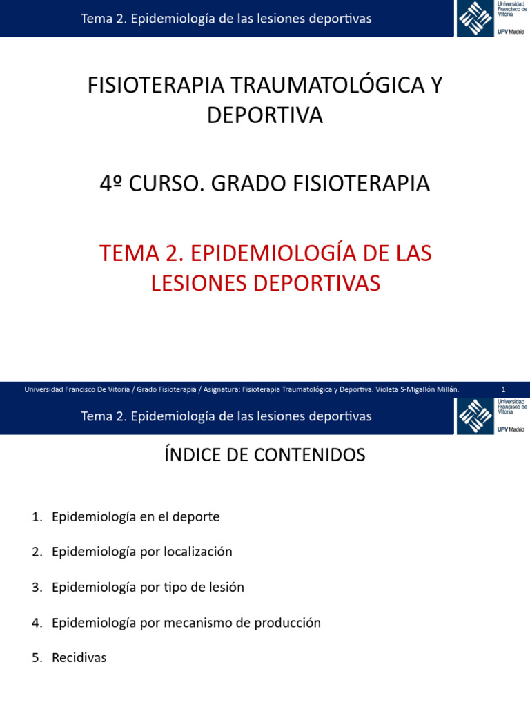 Tema 2 Epidemiología de Las Lesiones Deportivas | PDF | Terapia física | Epidemiología